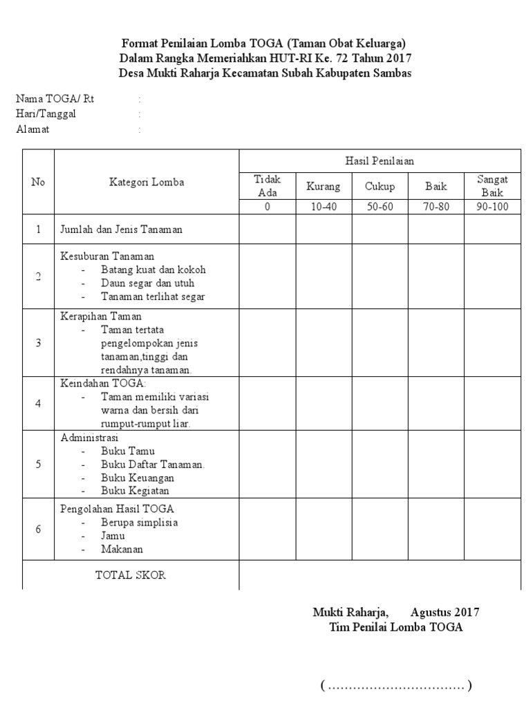 Format Penilaian Lomba TOGA | PDF
