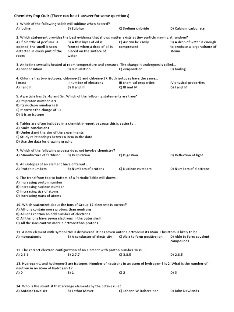 Chemistry Pop Quiz (There Can Be 1 Answer For Some Questions) | PDF ...