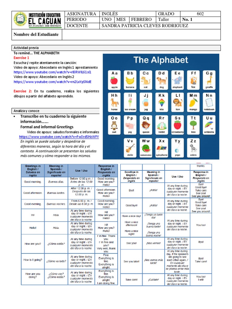 Taller de Inglés: Saludos y Alfabeto | PDF