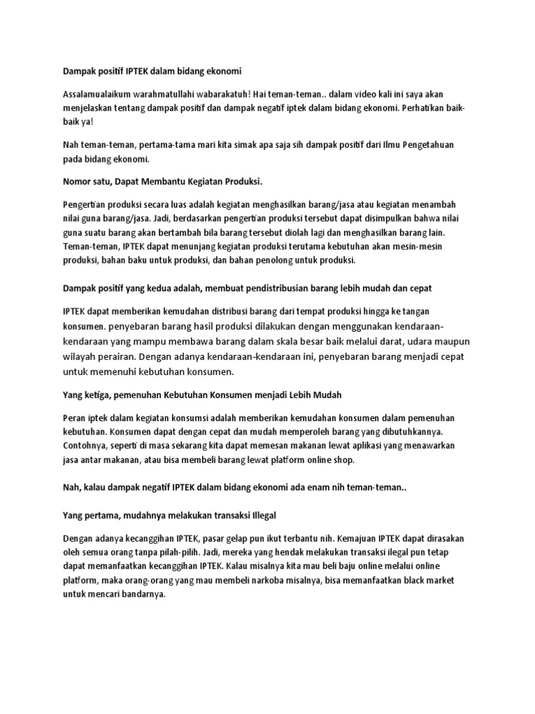 Tugas PKN Dampak Positif Negatif IPTEK Di Bidang Ekonomi | PDF