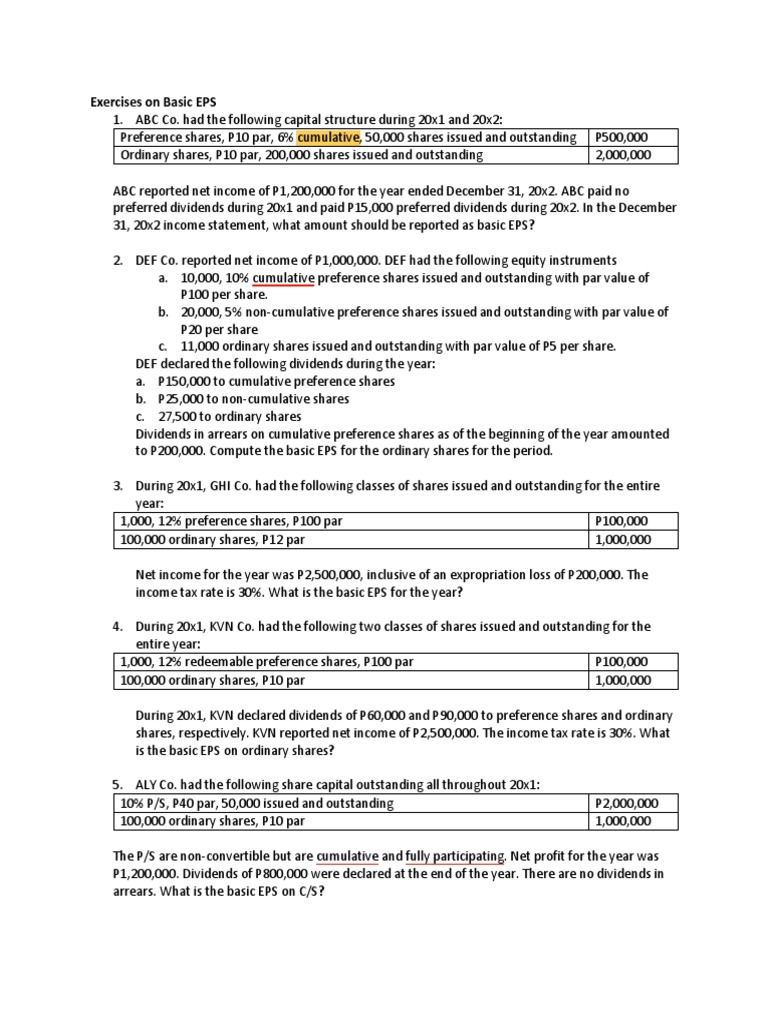 Exercises On Basic EPS (Part I) | PDF | Preferred Stock | Treasury Stock