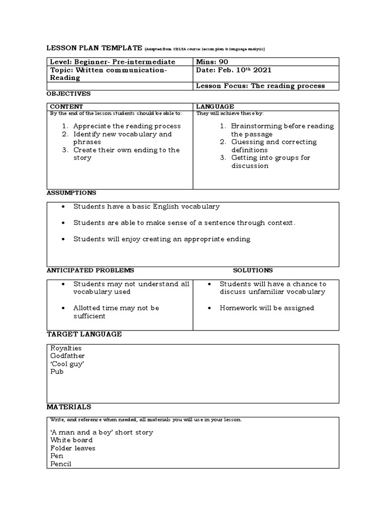 Tesol - A Man and A Boy Lesson Plan | PDF | Lesson Plan | Vocabulary