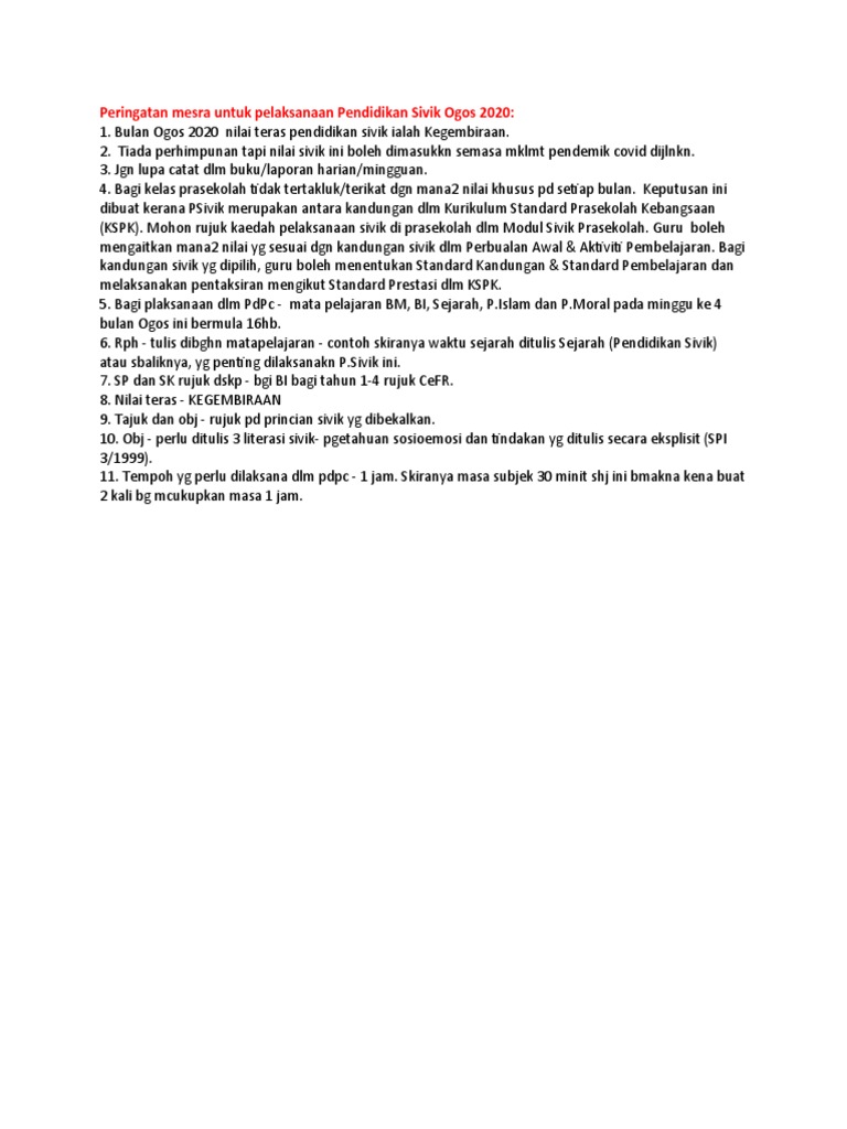 Peringatan Mesra Untuk Pelaksanaan Pendidikan Sivik Ogos 2020 | PDF