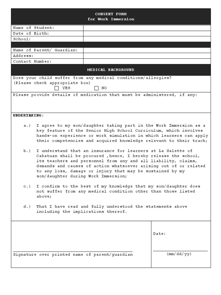 Consent Form For Work Immersion: Undertaking | PDF