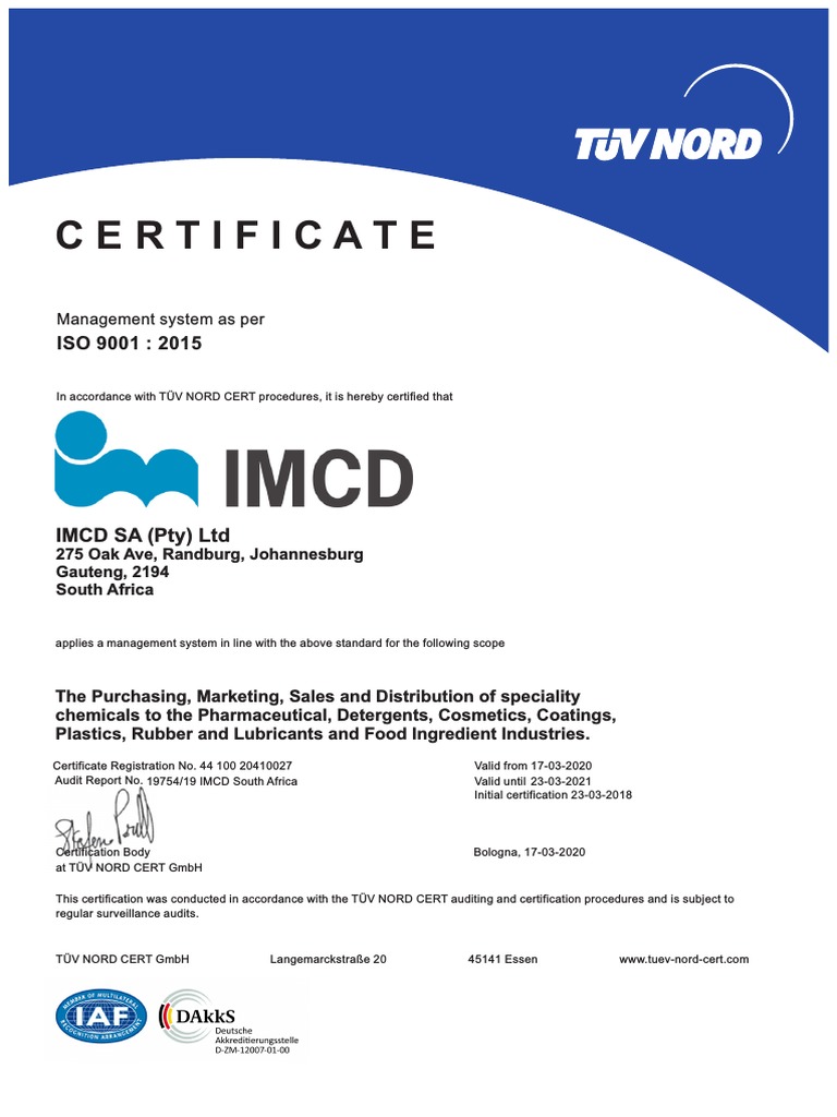 IMCD SA ISO 9001 Certification Details | PDF