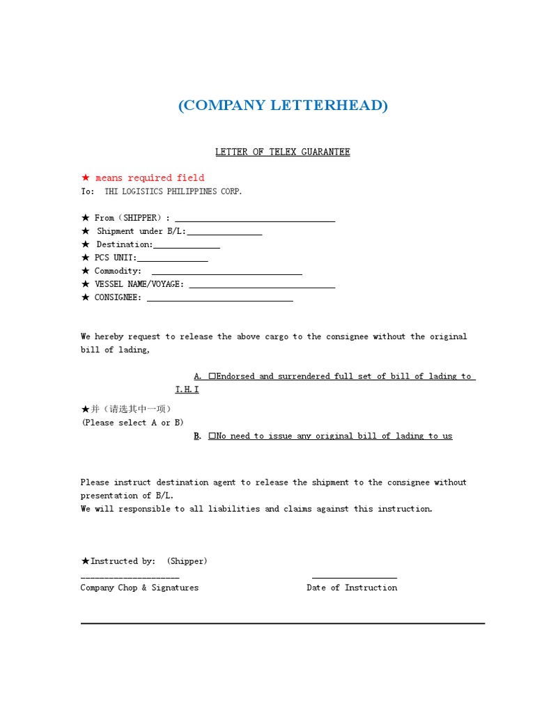 Letter of Telex Guarantee-Per Job | PDF