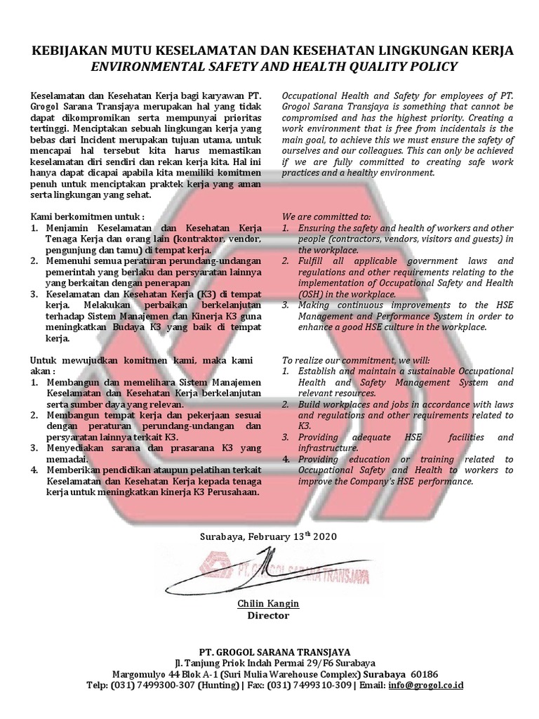 Kebijakan Mutu K3L (Hse) | PDF