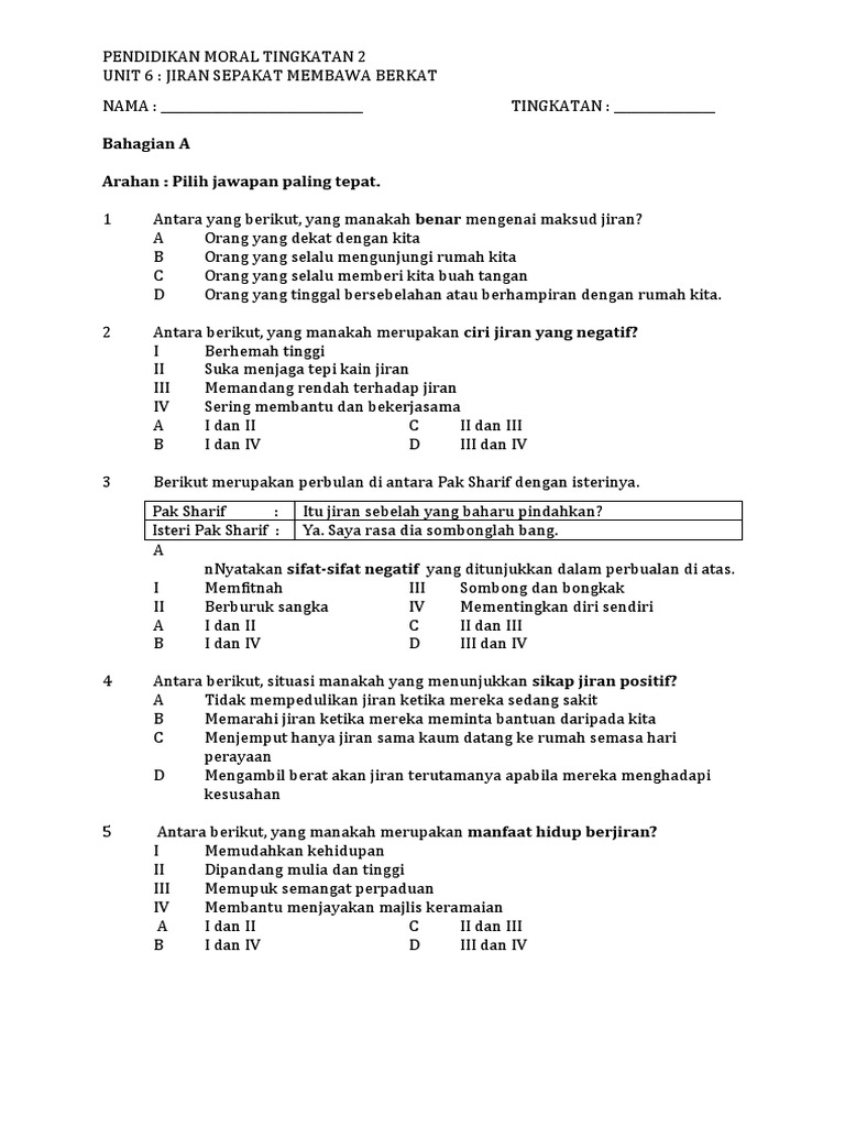 Lampiran 9 - Latihan P.moral Ting.2 (Unit 6) | PDF