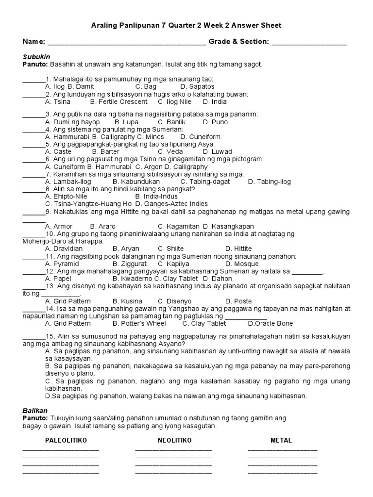 Araling Panlipunan 7 Quarter 2 Week 2 Answer Sheet | PDF