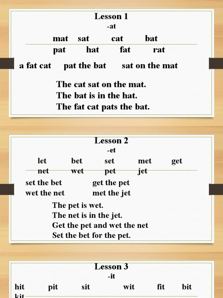 Lesson 1 Mat Sat Cat Bat Pat Hat Fat Rat A Fat Cat Pat The Bat Sat On ...