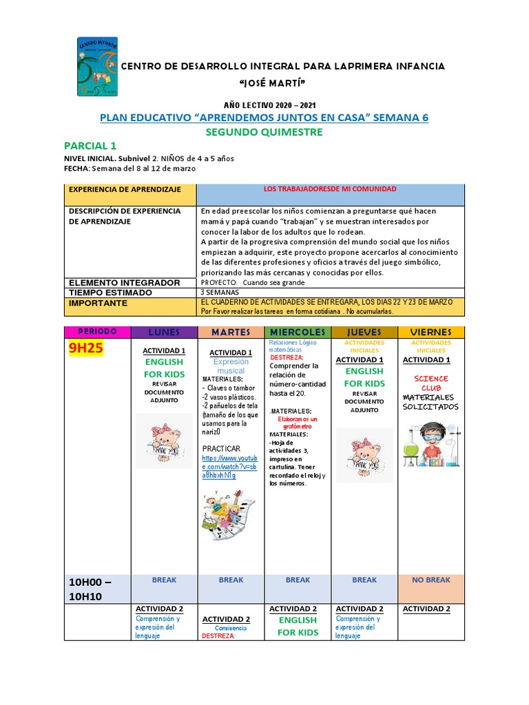 Planificación Semanal Preescolar 2021 | PDF | Educación de la primera ...