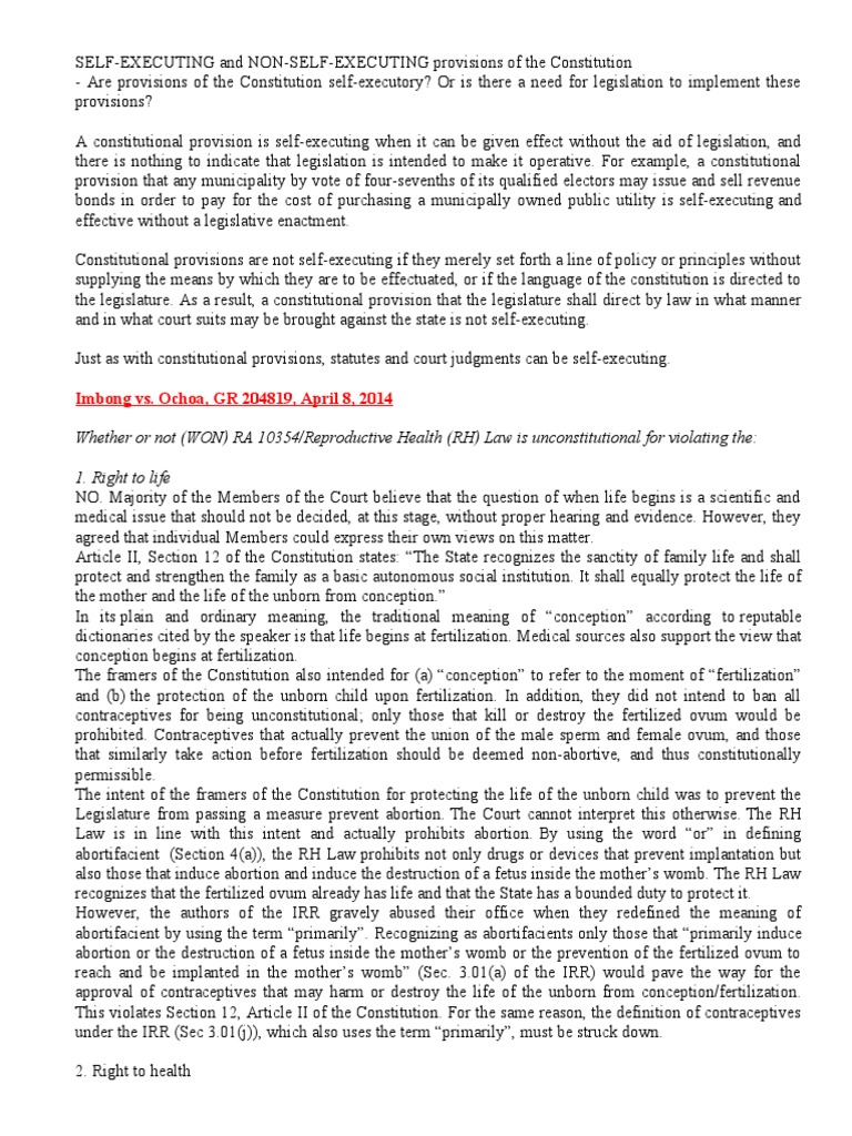 Self-Executing & Non-Self-Executing Constitutional Provisions | PDF | Separation Of Powers Under ...
