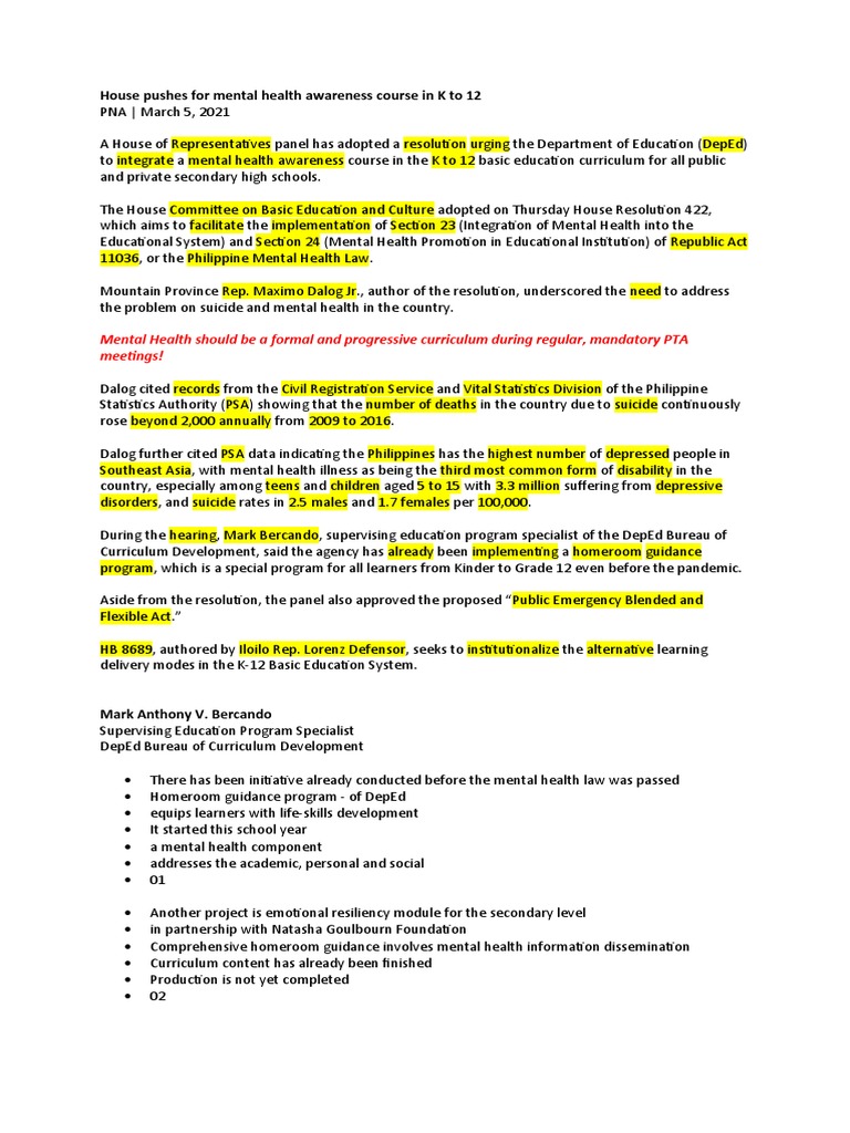DepEd Mental Health | PDF | Mental Health | Suicide