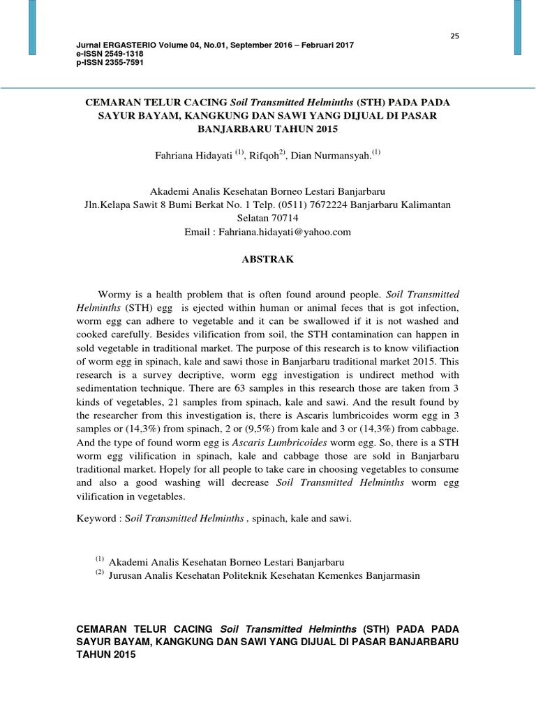 CEMARAN TELUR CACING Soil Transmitted Helminths (STH) PADA PADA Sayur Bayam, Kangkung Dan Sawi ...
