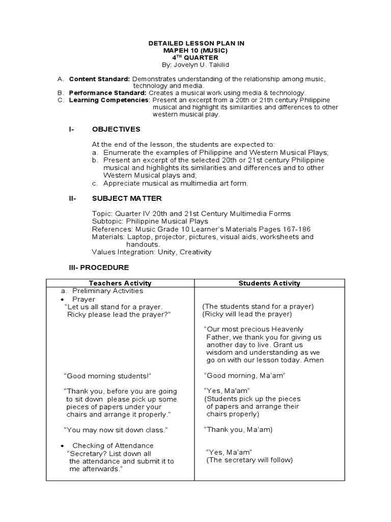 Detailed Lesson Plan in Musical Play | PDF | Lesson Plan | Multimedia