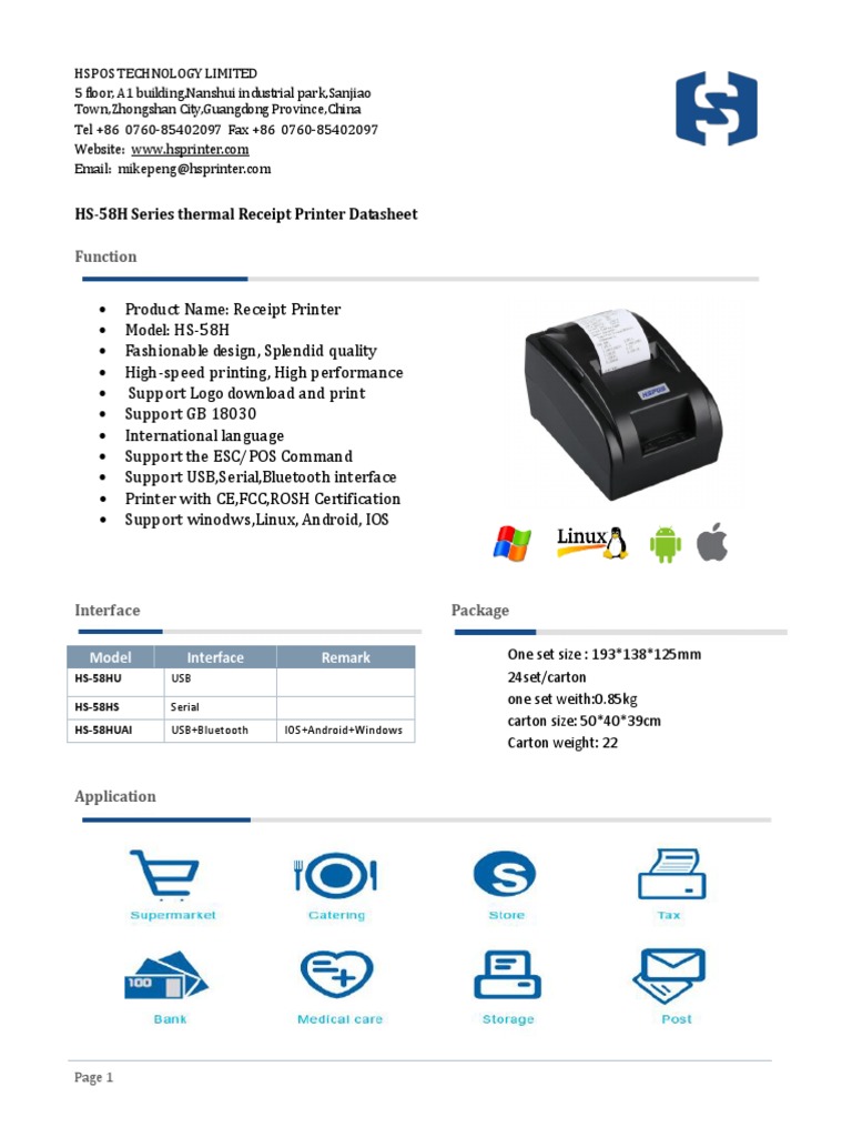 HS-58HU Thermal Printer Datasheet | PDF | Printer (Computing) | Office Equipment