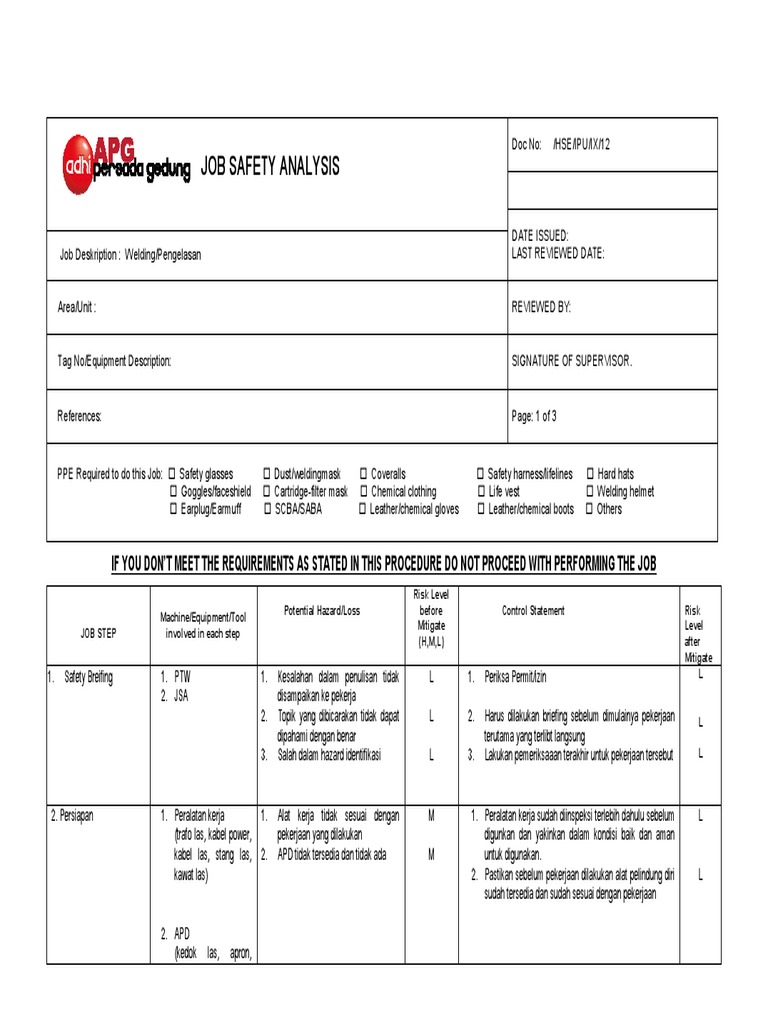 Contoh JSA Pengelasan dan Keamanannya | PDF