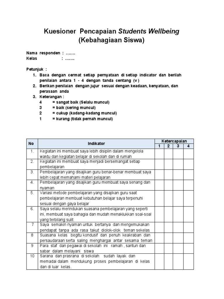 Contoh Instrument Student Well-Being Revisi | PDF