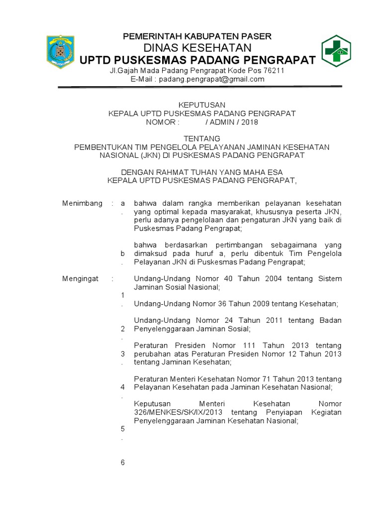 Sk Pembentukan Tim Pengelola Pelayanan Jkn Pdf