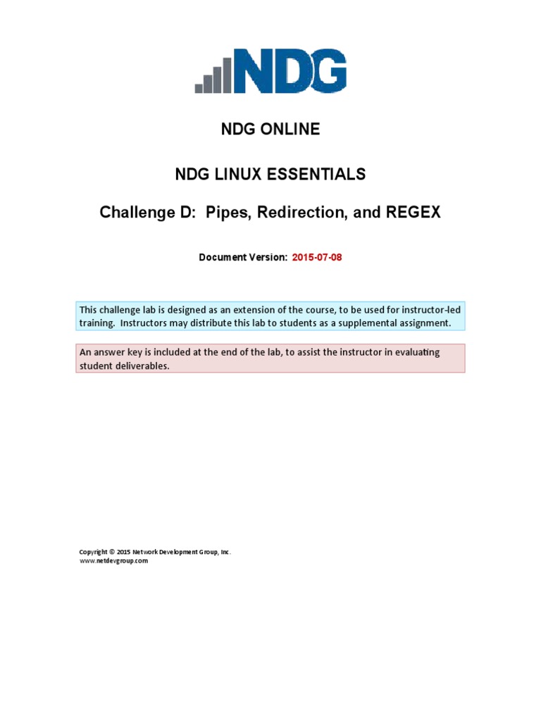 NDG Online NDG Linux Essentials Challenge D: Pipes, Redirection, and REGEX | Download Free PDF ...