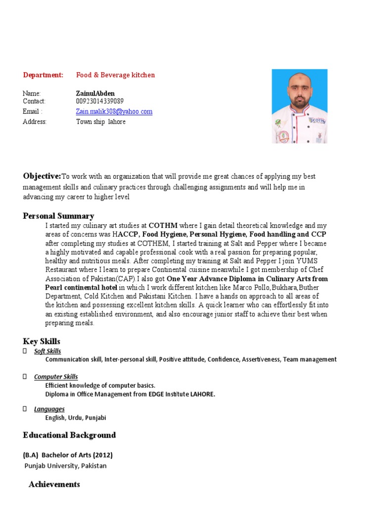 Objective:: Food & Beverage Kitchen | PDF | Restaurants | Chef