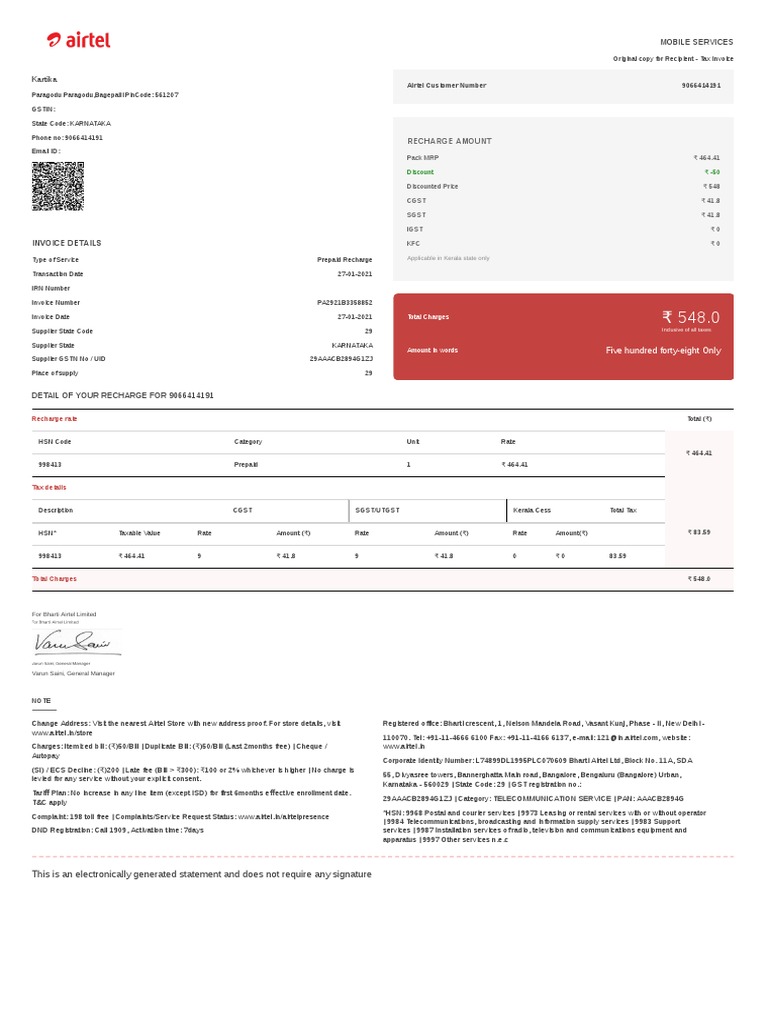 Recharge Amount: Mobile Services | PDF | Credit Card | Invoice
