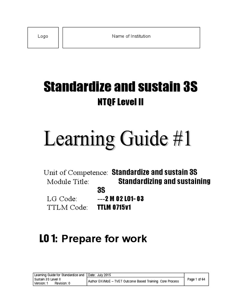 Standardize and Sustain 3S: LO 1: Prepare For Work | PDF | Occupational ...