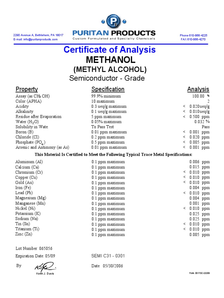 Certificate of Analysis: Methanol | PDF | Manganese | Tin