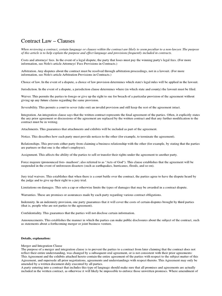 Contract Law - Clauses: Details, Explanation | PDF | Indemnity ...
