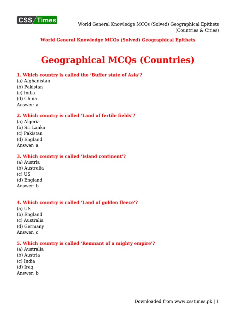 World General Knowledge MCQs (Solved) Geographical Epithets (Countries ...