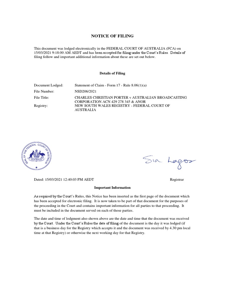 Statement of Claim Filing Notice | PDF