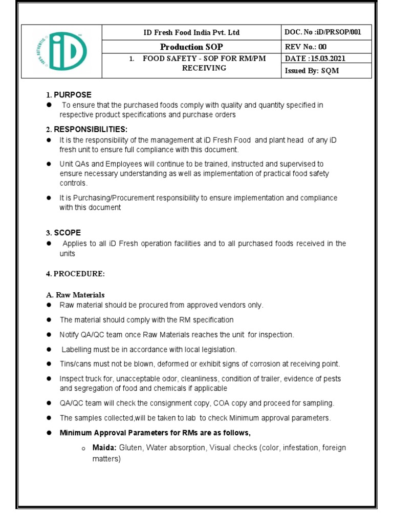 Material Receivig SOP | PDF | Specification (Technical Standard) | Food ...