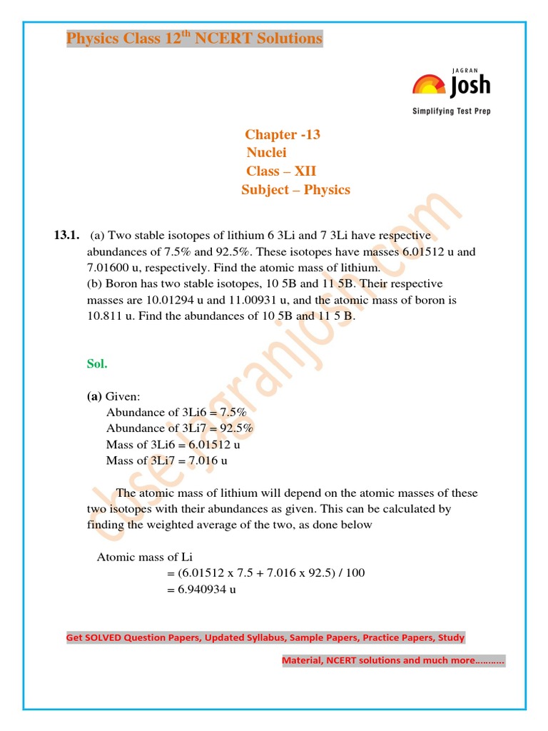 Physics Class 12 NCERT Solutions | PDF | Nuclear Reaction | Radioactive ...