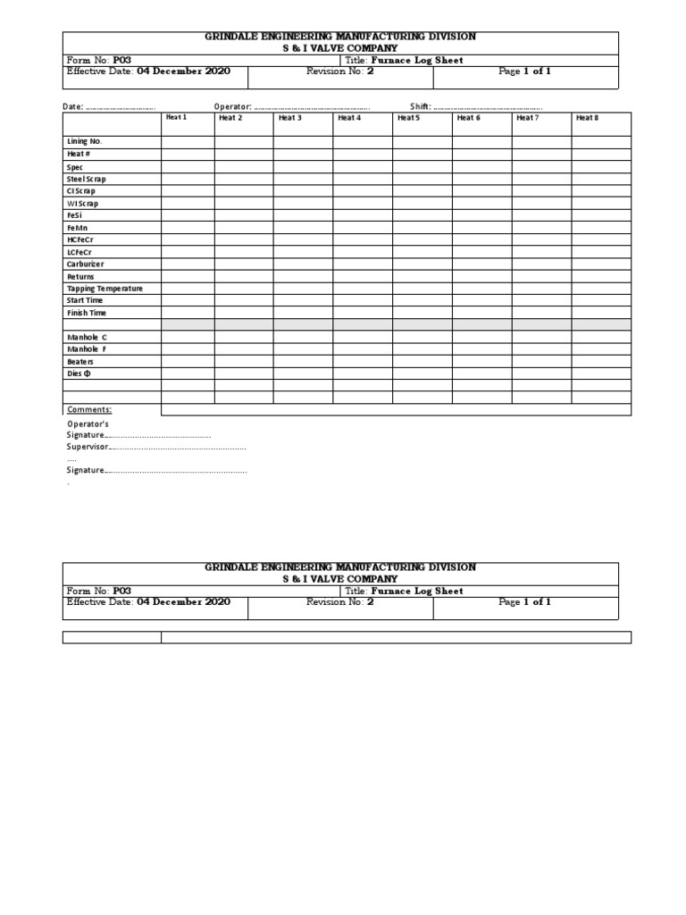 Furnace Log Sheet for Engineering | PDF