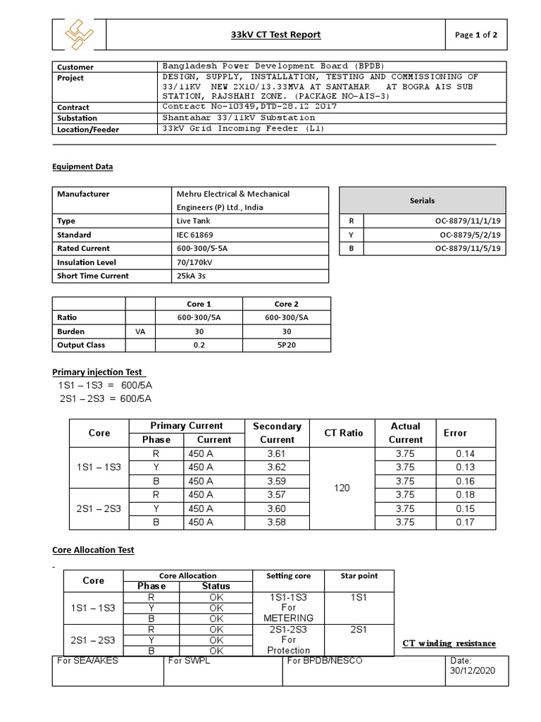 33kV CT Test Report | Download Free PDF | Electrical Substation ...