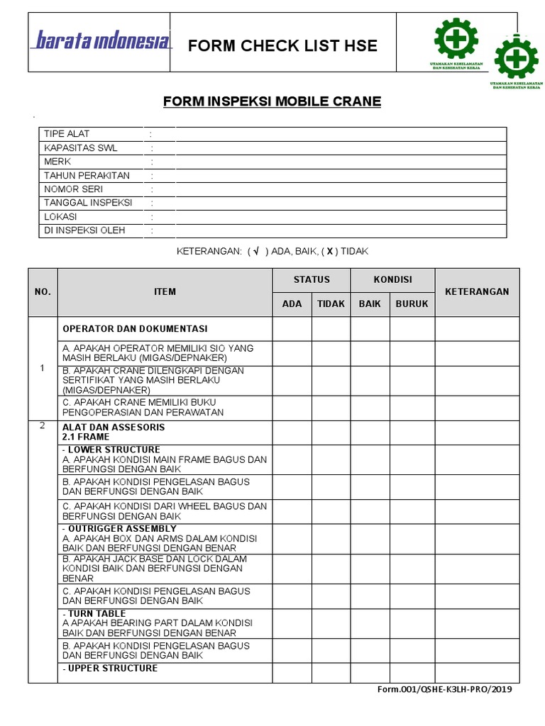 Checklist Inspeksi Mobile Crane | PDF