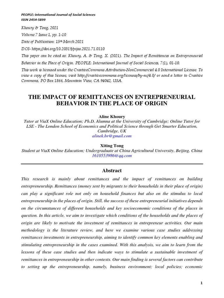 The Impact of Remittances On Entrepreneurial Behavior in The Place of ...