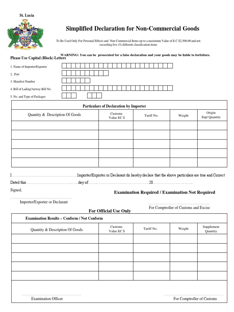 Non-Commercial Goods Declaration Form | PDF | Customs | International Trade