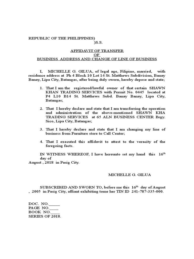 Affidavit of Business Address Transfer | PDF | Affidavit | Legal Procedure