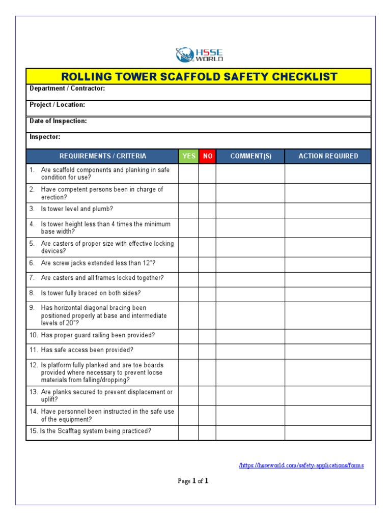 Rolling Tower Scaffold Safety Checklist | PDF | Technology & Engineering