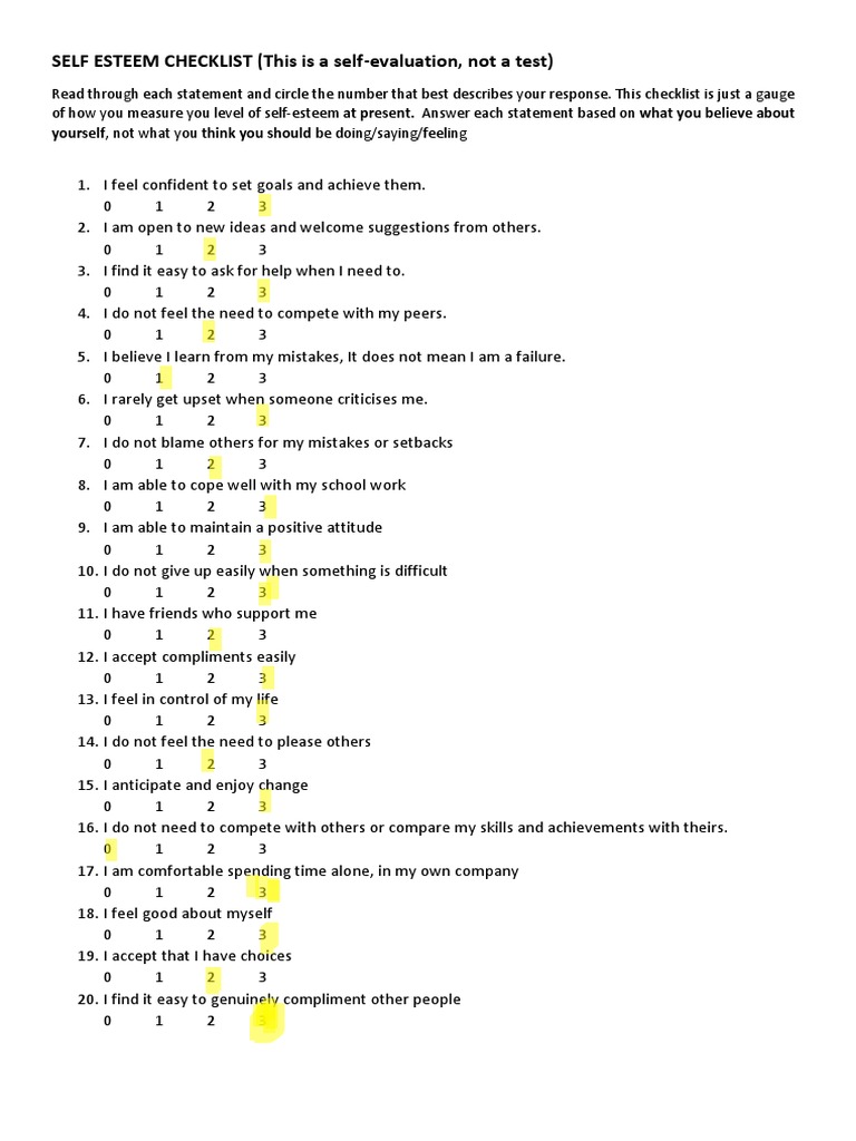 Self-Esteem Evaluation Checklist | PDF