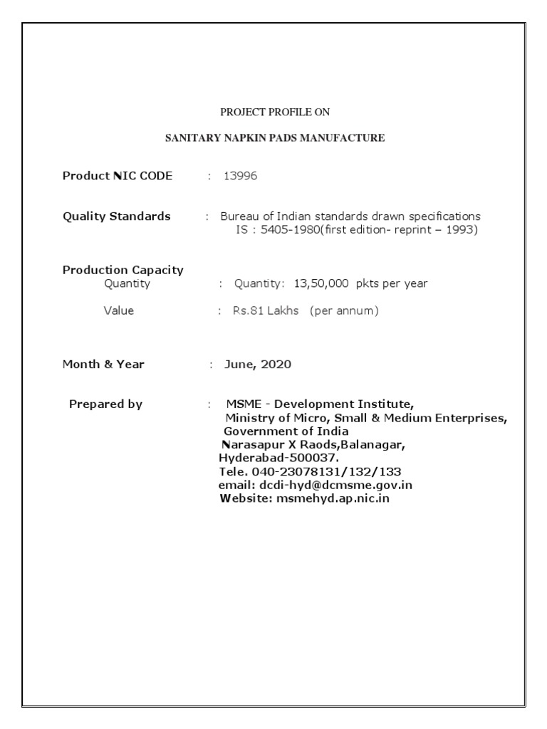 Sanitary Napkin Pads Manufacture: Quantity: Rs.81 Lakhs (Per Annum ...