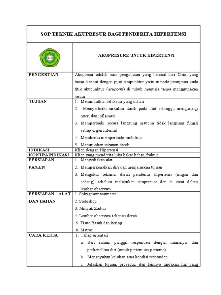 Sop Teknik Akupresur Bagi Penderita Hipertensi | PDF