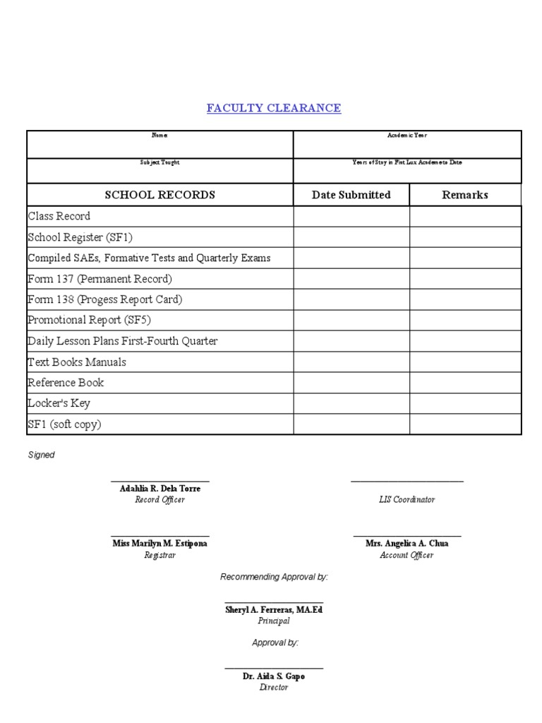 School Records Date Submitted Remarks: Faculty Clearance | PDF