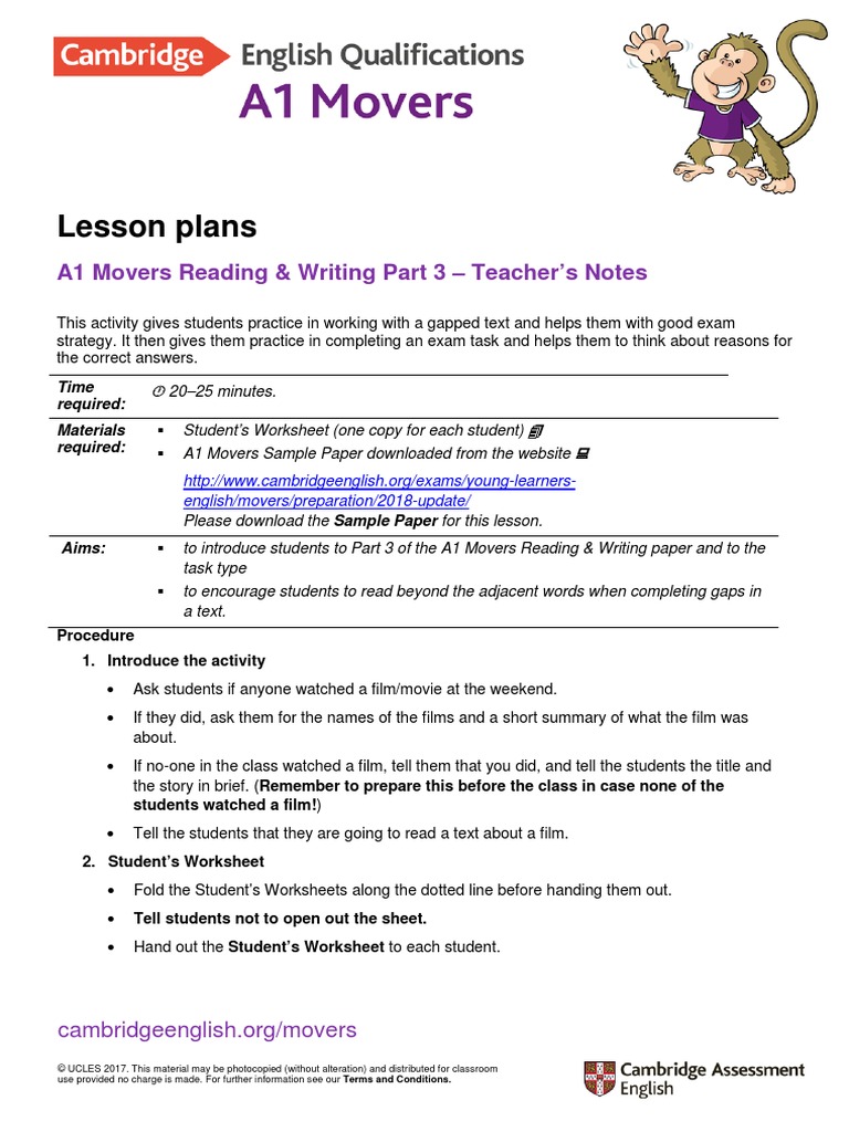 Lesson Plans: A1 Movers Reading & Writing Part 3 - Teacher's Notes ...