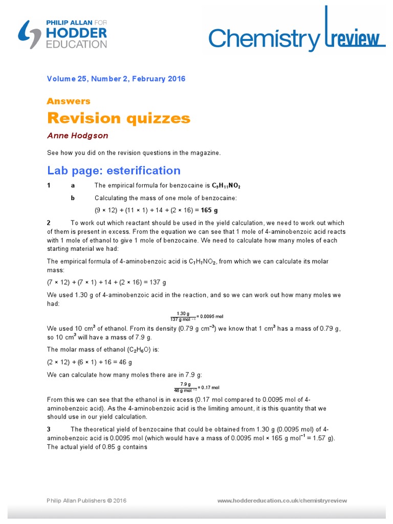 Revision Quizzes: Lab Page: Esterification | PDF | Mole (Unit) | Chemical Compounds