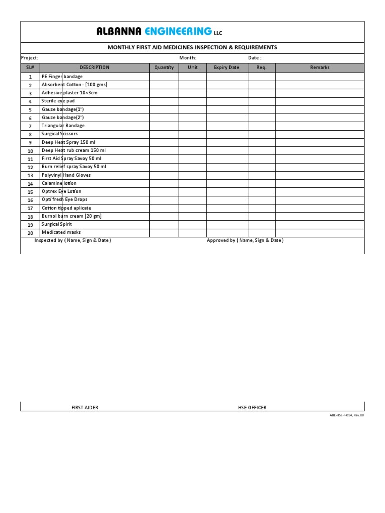 F-014-First Aid Inspection Checklist | PDF
