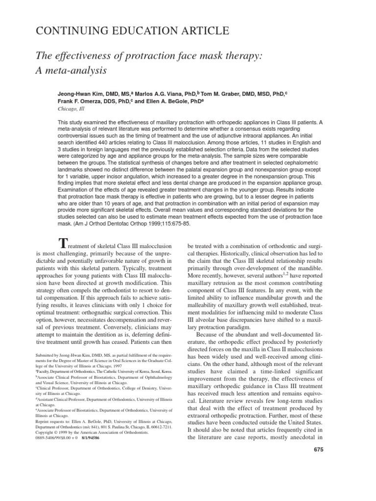 The Effectiveness of Protraction Face Mask Therapy: A Meta-Analysis | PDF