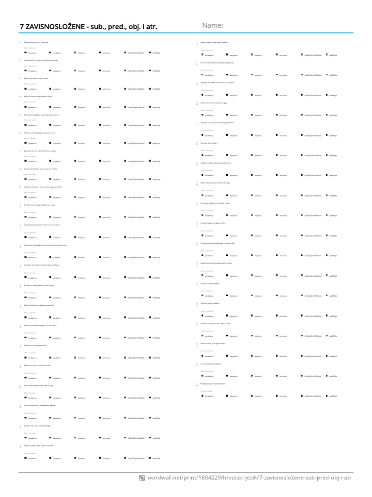 7 Zavisnosložene Sub Pred Obj I Atr Kviz | PDF