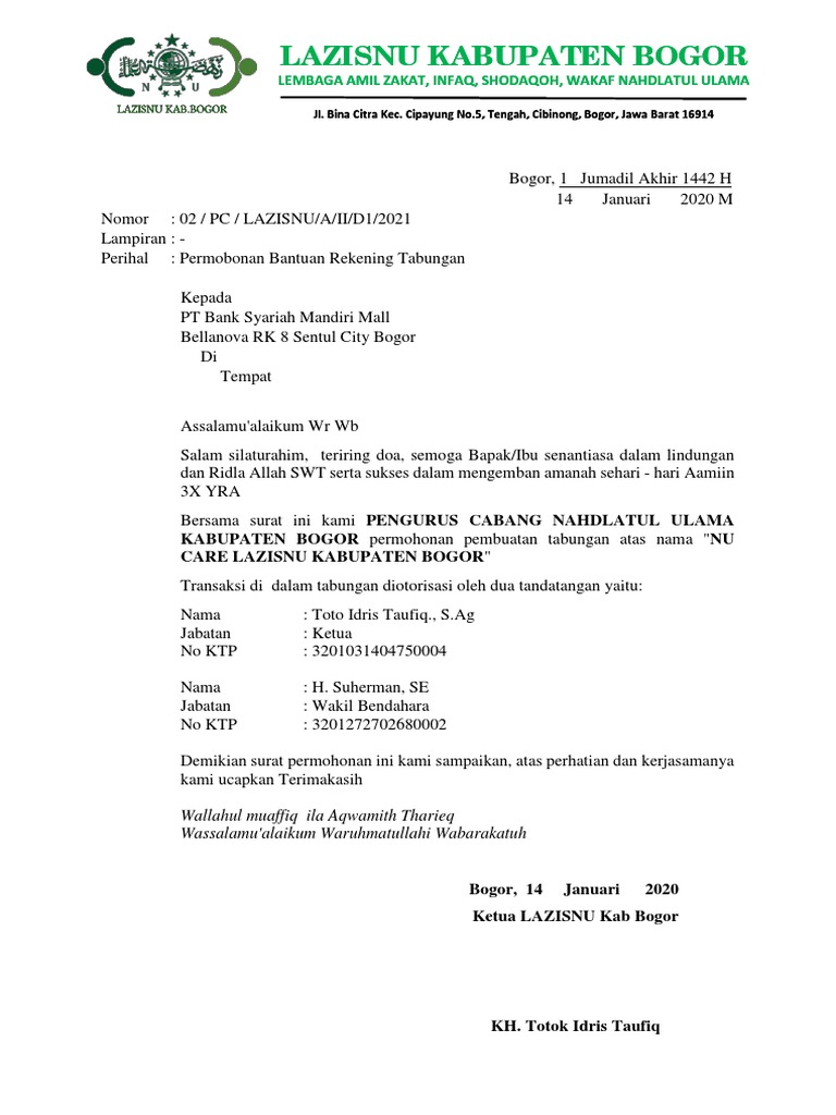 LAZISNU KABUPATEN BOGOR Surat Izin Dan Surat Pembukaan Rekening | PDF